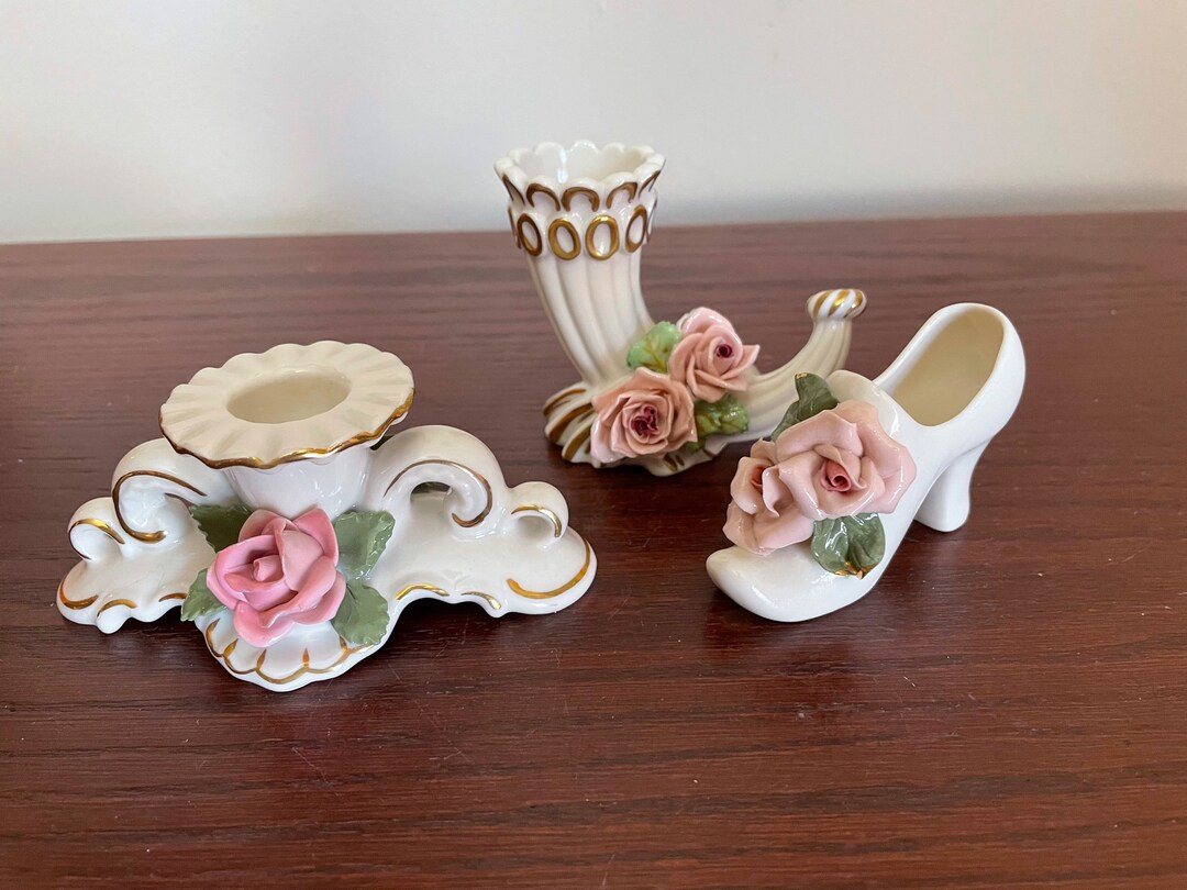 Set of Three Dresden Pink Roses Porcelain Accent Pieces - Etsy