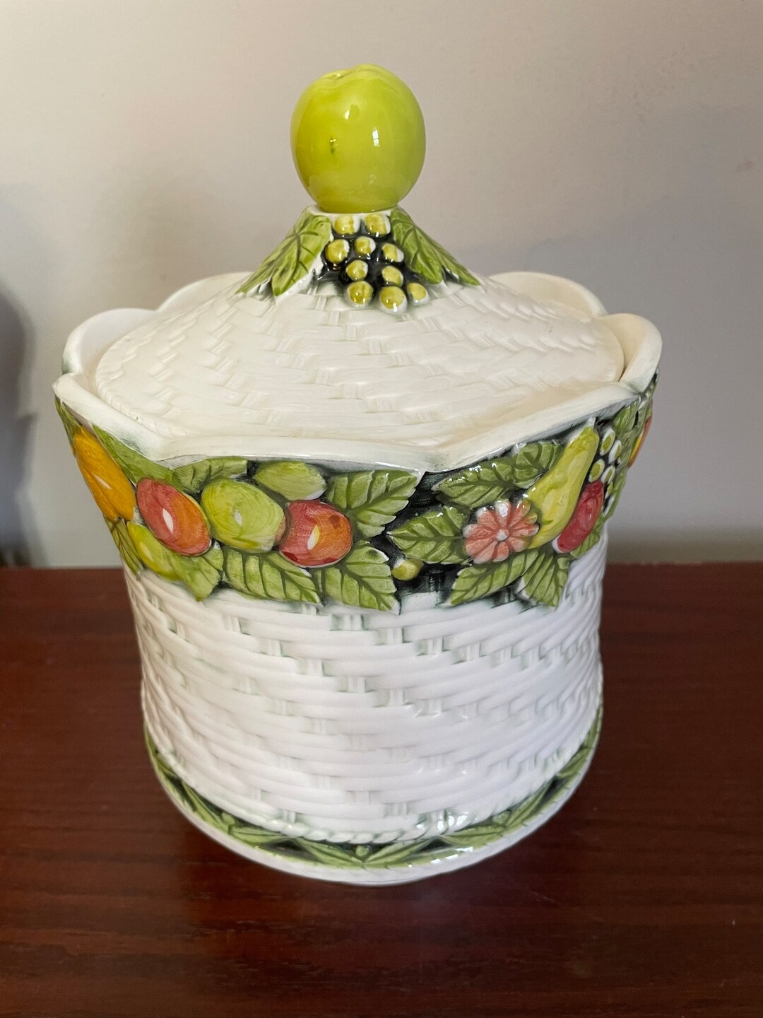 Lefton Ceramic Lidded Biscuit Jar, Canister, Basket Weave Fruit Pattern ...