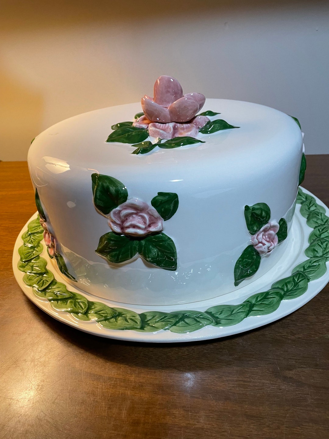 Vintage Large Ceramic Cake Plate With Dome Floral Pink Roses Cake Cover ...