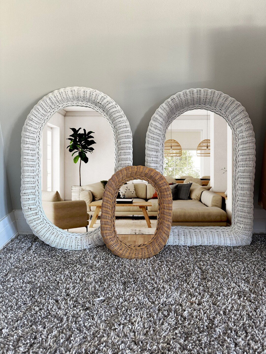 29" Vintage Large White Oval Rattan Wicker Arch Mirrors & Arch Rattan ...