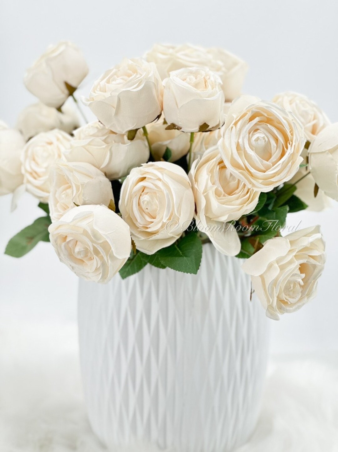 9 Heads Cream/white English Rose Bush, 18" Tall High Quality Artificial ...