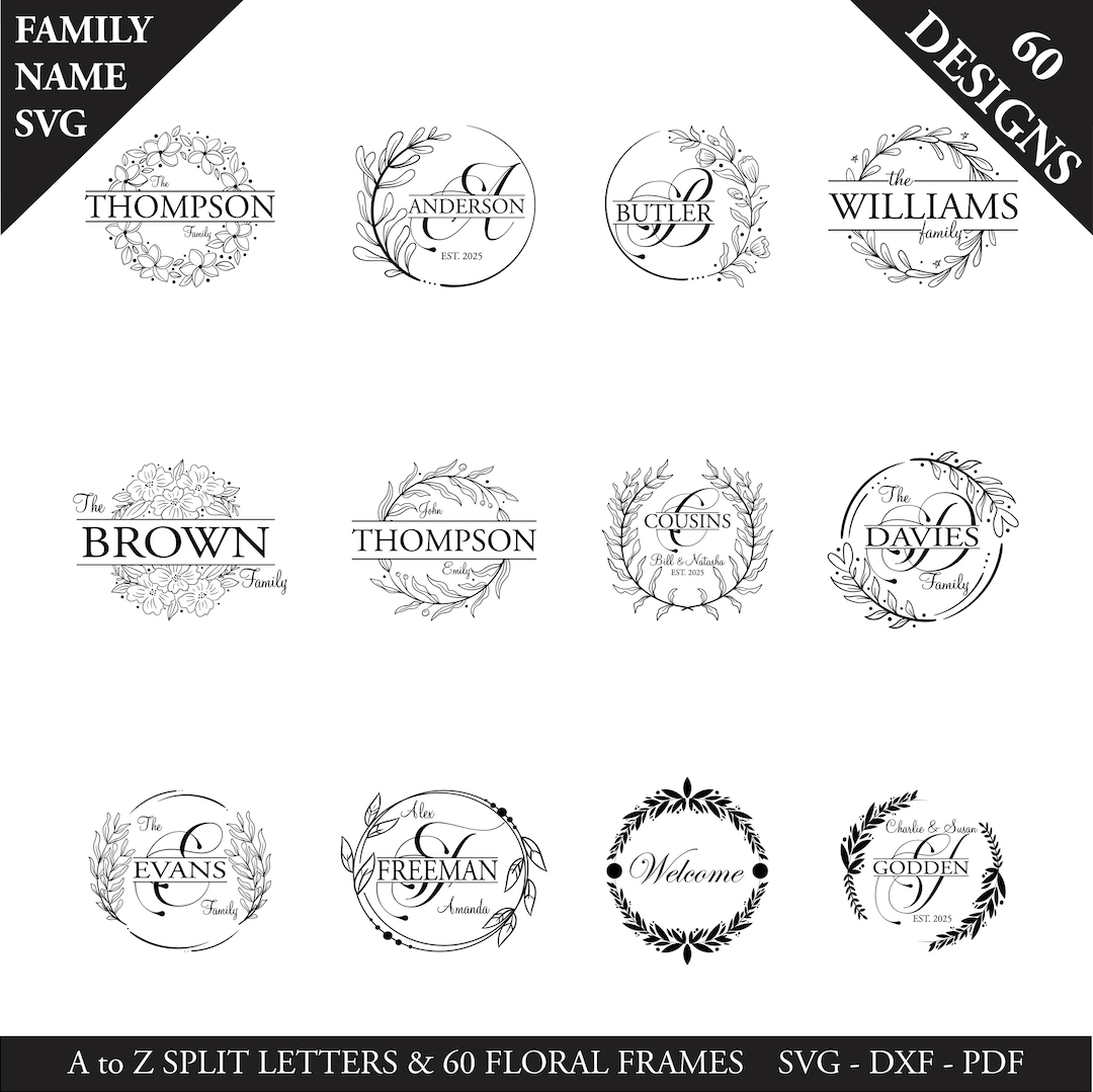 Family Name Floral Frame SVG: Monogram Alphabet, Cutting Board Design ...
