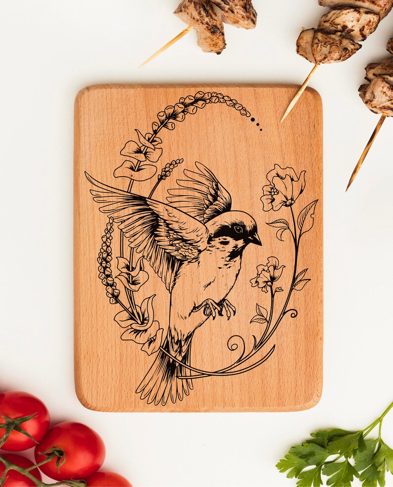 Finch and Flowers Laser Engrave SVG File: Charcuterie Board Design ...