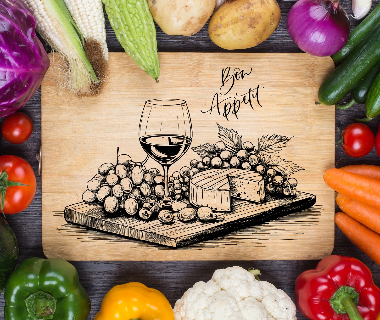 Charcuterie Cutting Board, Wine Cheese, Laser Engrave SVG File, Kitchen ...