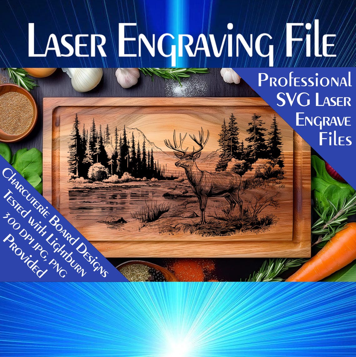 Deer Mountain Scene Laser Engrave SVG File: Charcuterie Board Design ...