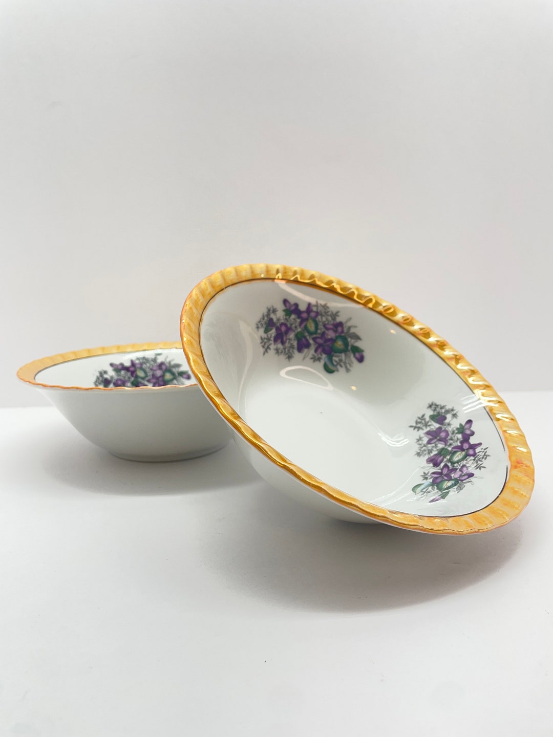 Set of 2 Vintage Yamatsu Lusterware Bowls 7" Gold Trim, Purple Flowers ...