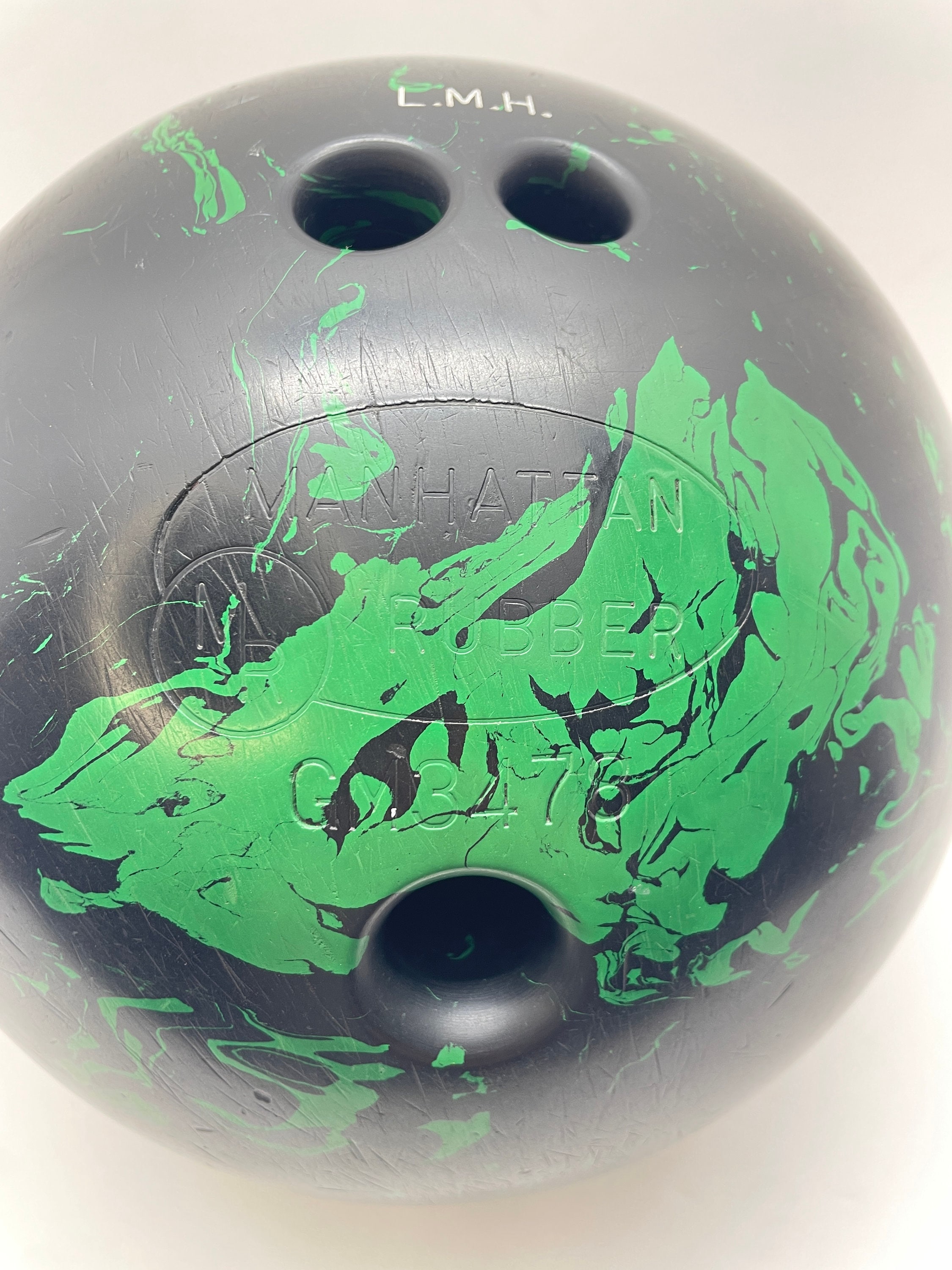 Vintage Manhattan Rubber 13lb Drilled Bowling Ball Green Swirl Paint ...