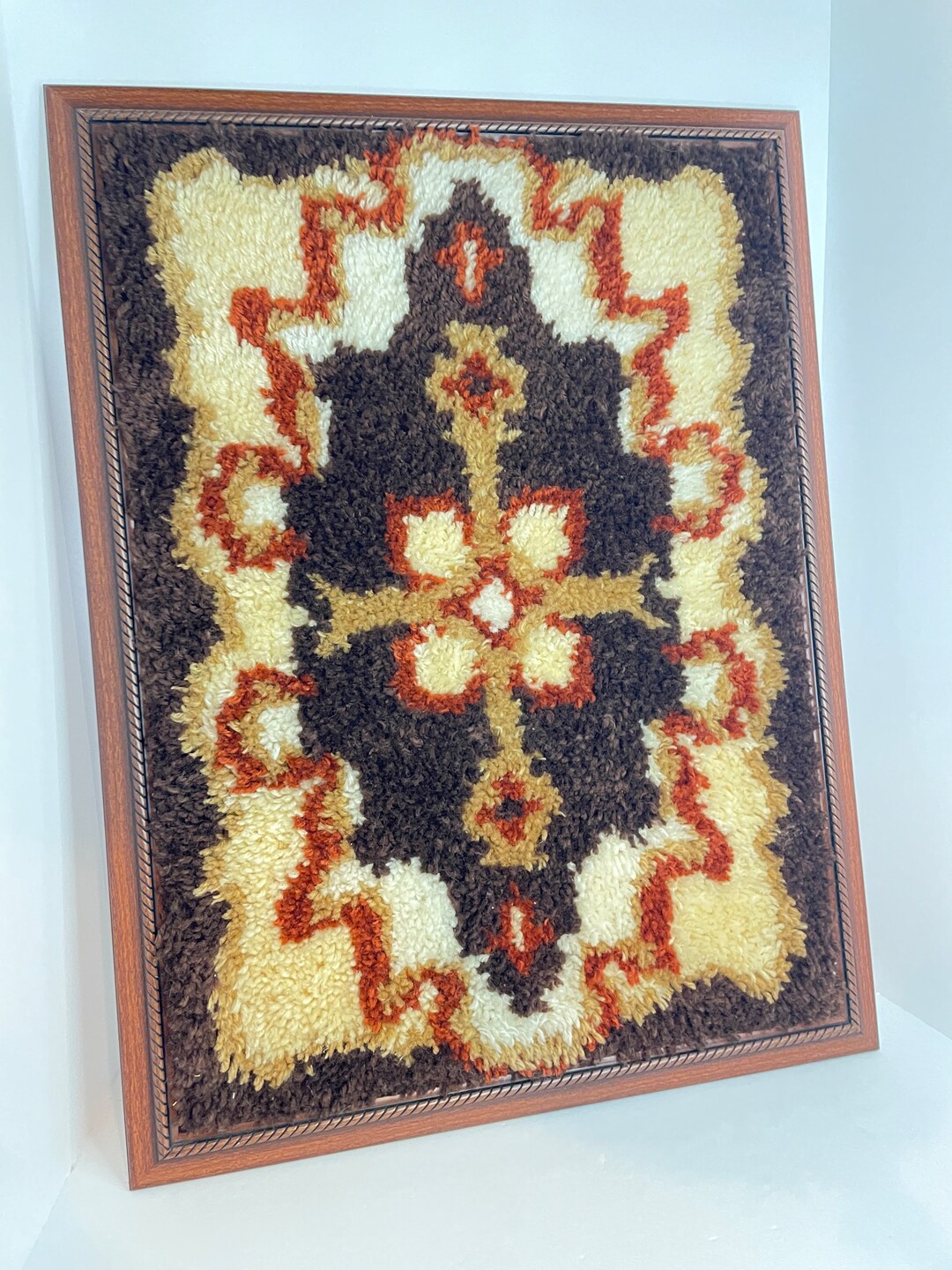 70s 80s MCM Religious Cross Wall Hanging Latch Hook Shag Rug Framed ...