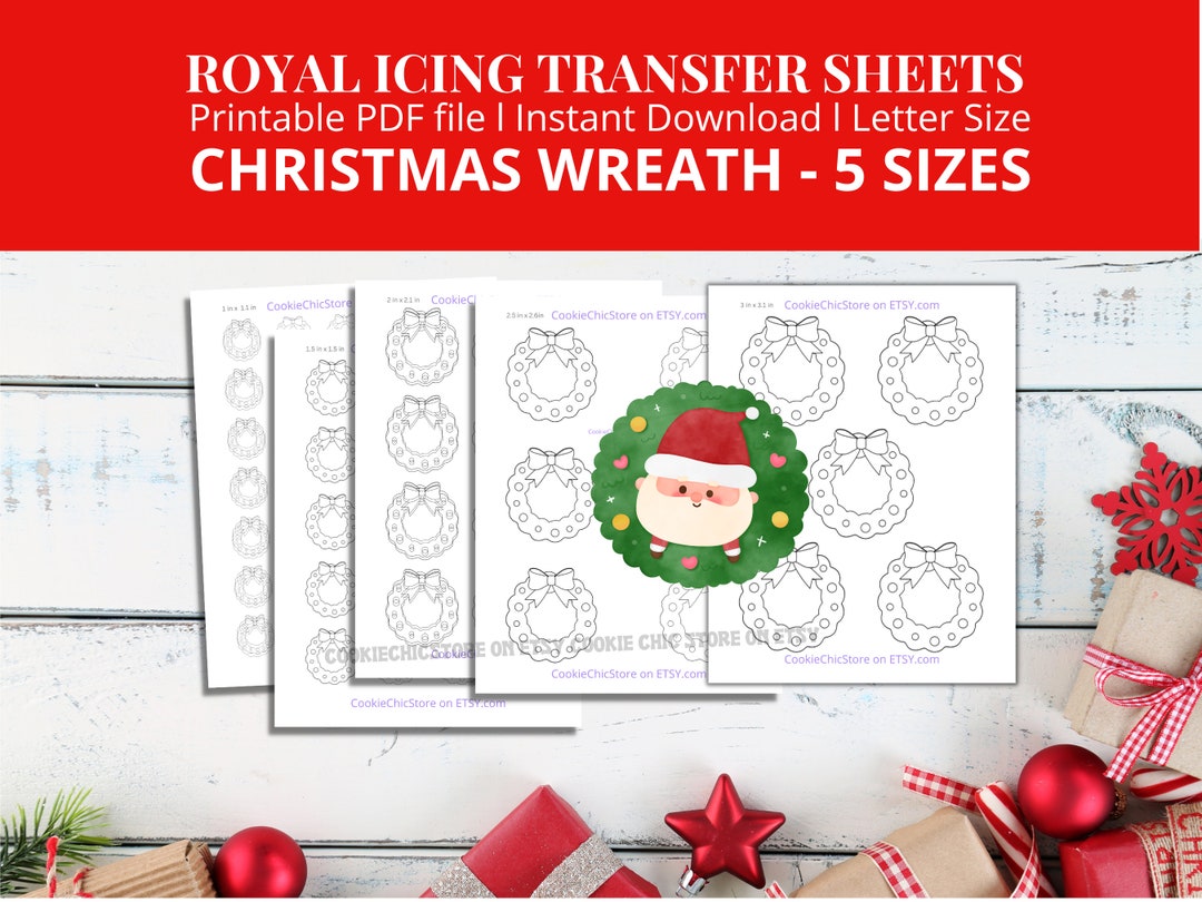 Christmas Royal Icing Transfer Template, Wreath Royal Icing Template ...