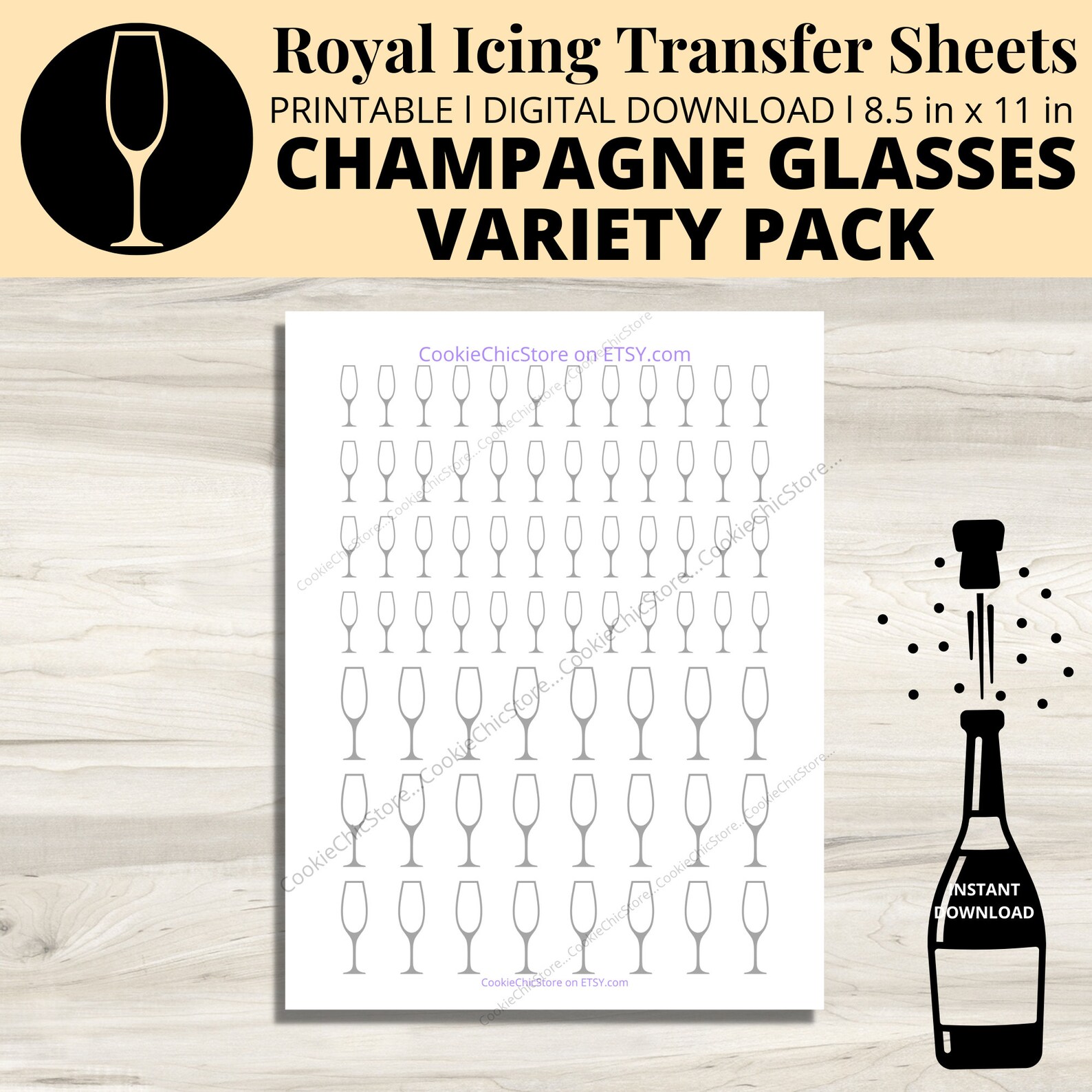 Royal Icing Transfer Champagne Glasses Sheet Bundle Printable Icing ...