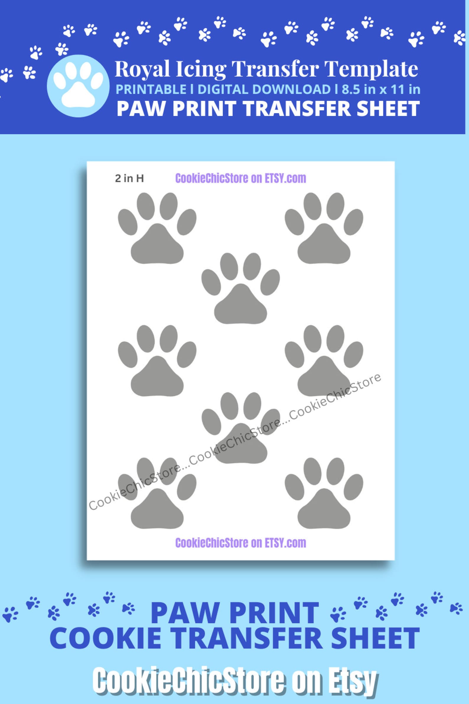 Paw Print Royal Icing Transfer Sheet Template for Animal Cat Dog Cookie ...