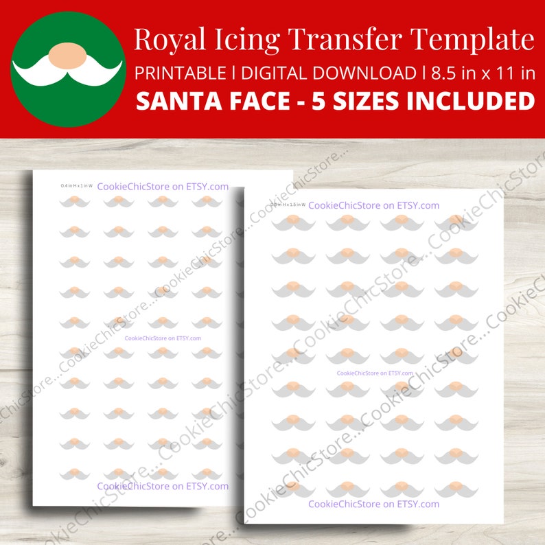 Santa Mustache Royal Icing Transfer Template, Christmas RI Transfer ...