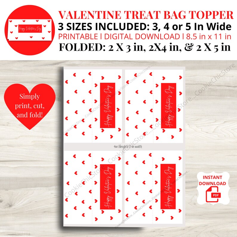 Valentine Treat Bag Topper, Printable 3 4 5 Inch Treat Tags, Cookie Bag ...