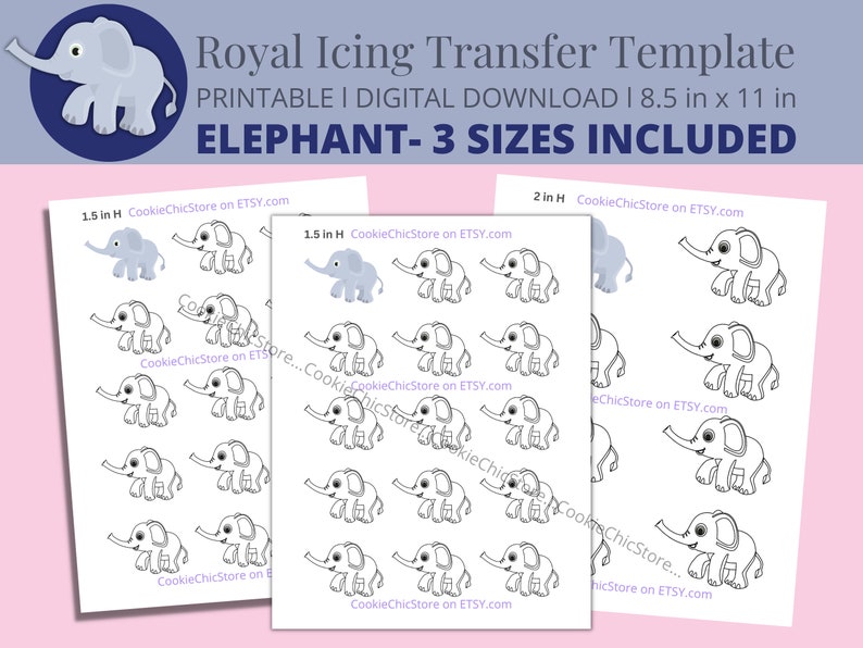 Elephant Royal Icing Transfer Sheet Template, Printable Digital Safari ...