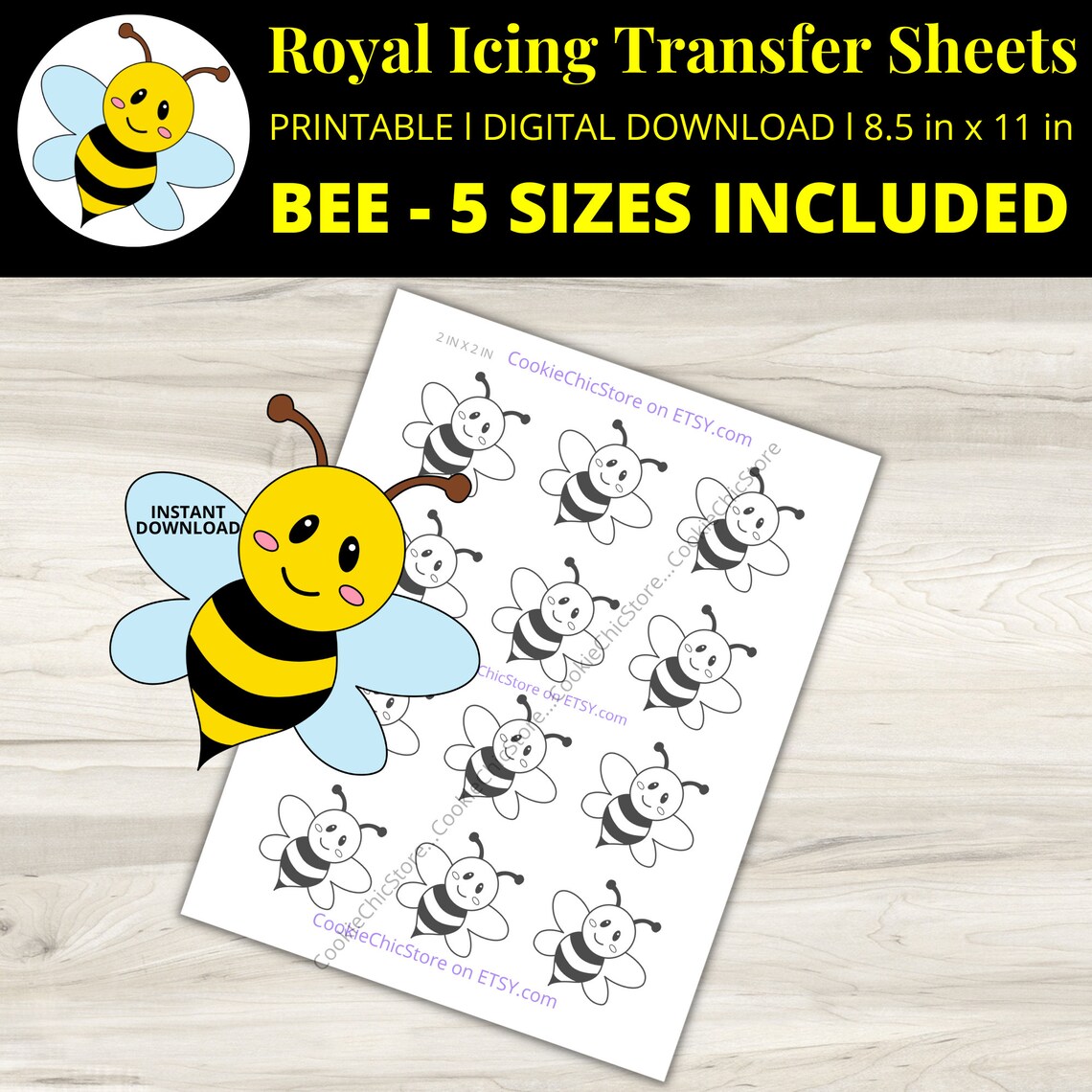Royal Icing Bee, Bee Royal Icing Transfer Sheet, Bumble Bee Royal Icing ...