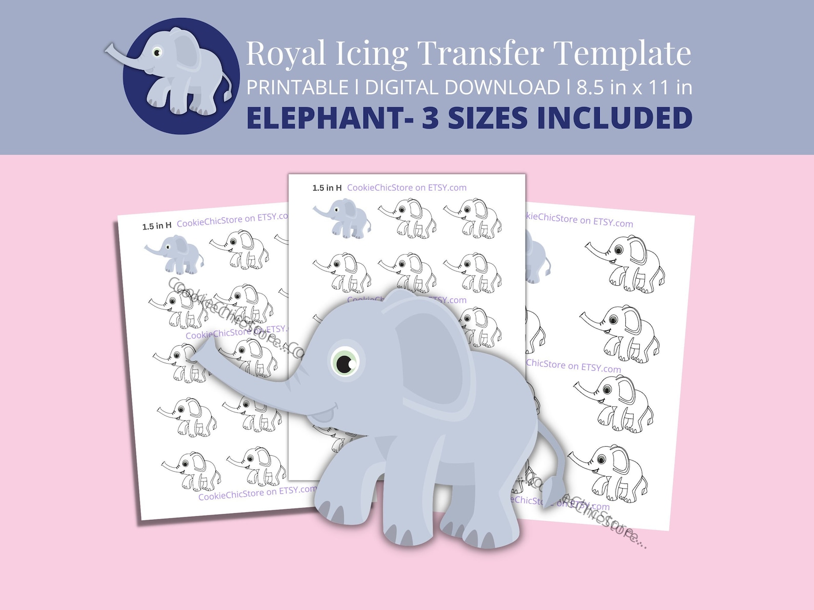 Elephant Royal Icing Transfer Sheet Template, Printable Digital Safari ...