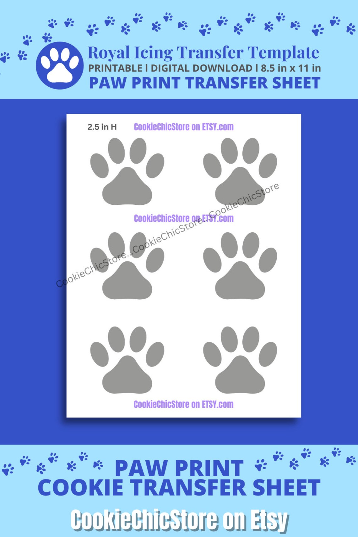 Paw Print Royal Icing Transfer Sheet Template for Animal Cat Dog Cookie ...