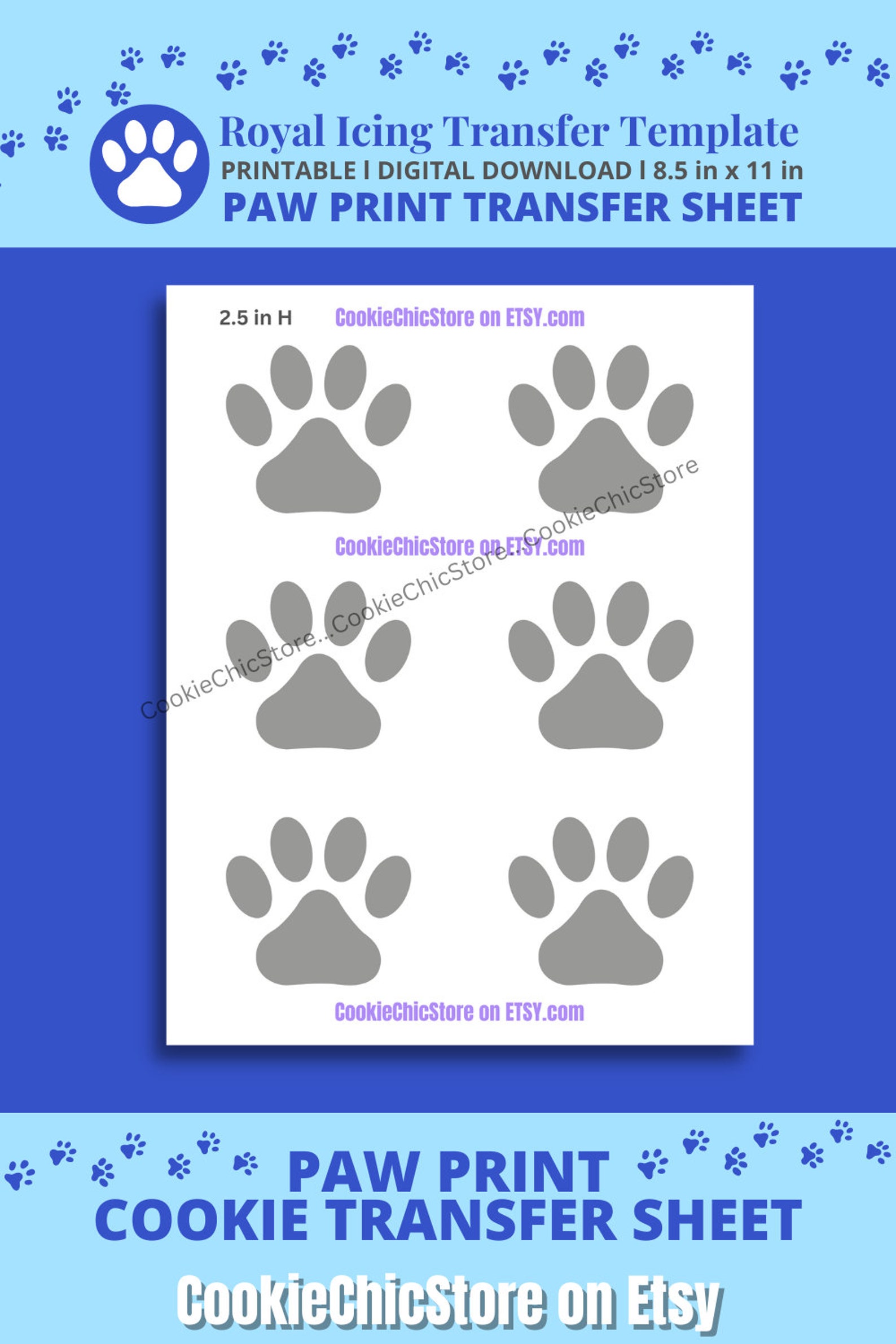 Paw Print Royal Icing Transfer Sheet Template for Animal Cat Dog Cookie ...