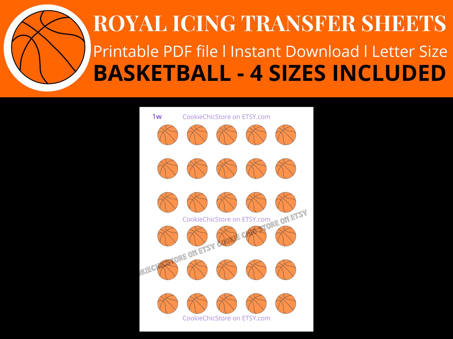 Basketball Basket Ball Royal Icing Transfer Sheet Template, RI Cookie ...