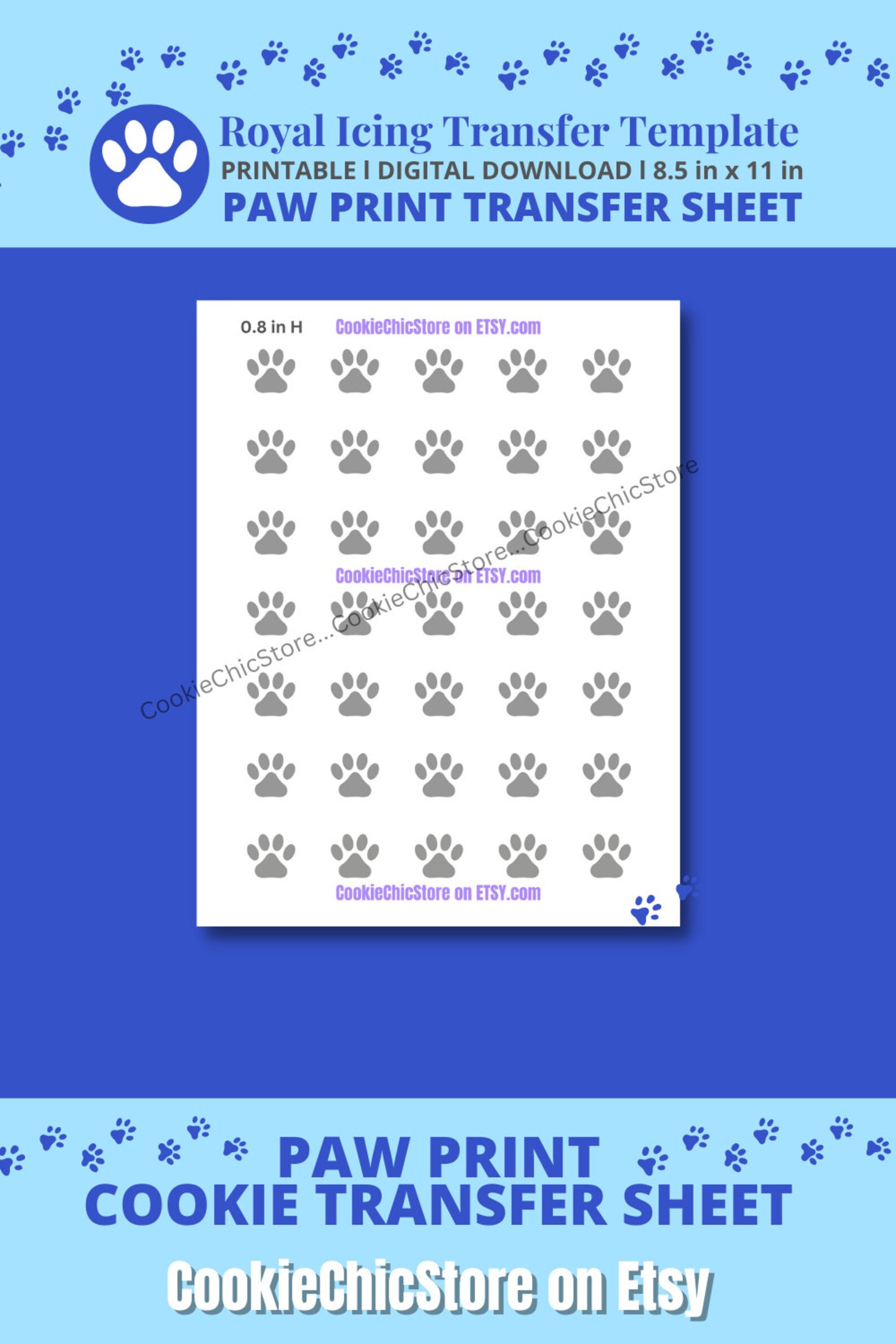 Paw Print Royal Icing Transfer Sheet Template for Animal Cat Dog Cookie ...