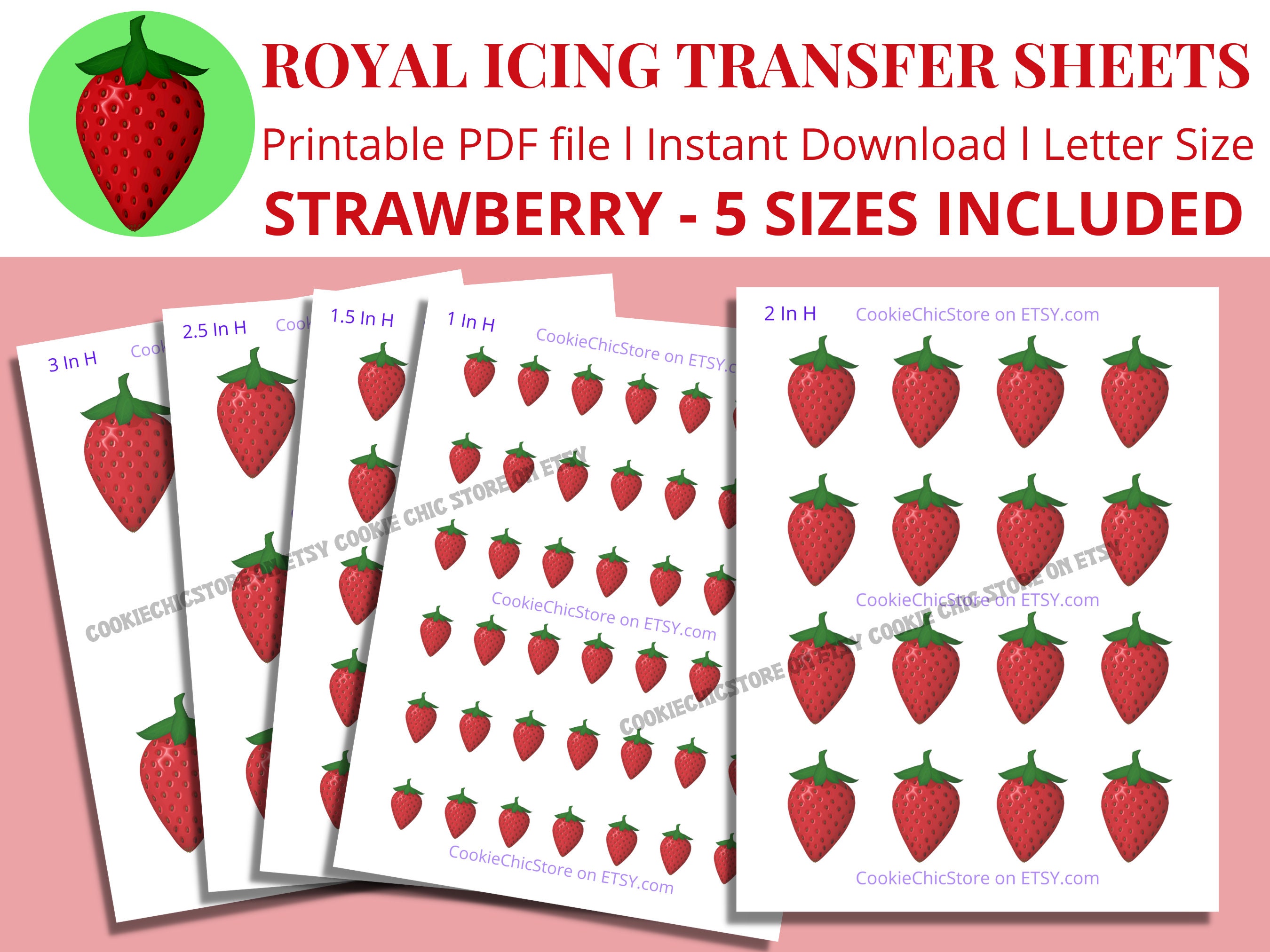 Strawberry Royal Icing Transfer Sheet Template, Strawberries Royal ...