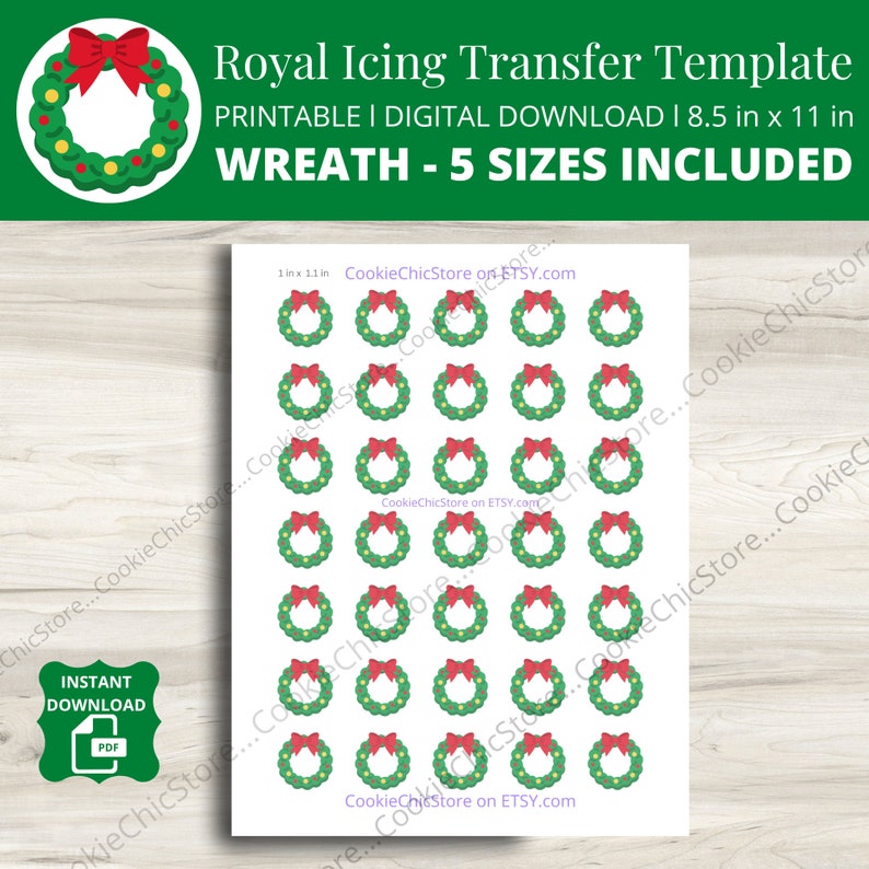 Christmas Royal Icing Transfer Template Wreath Royal Icing - Etsy