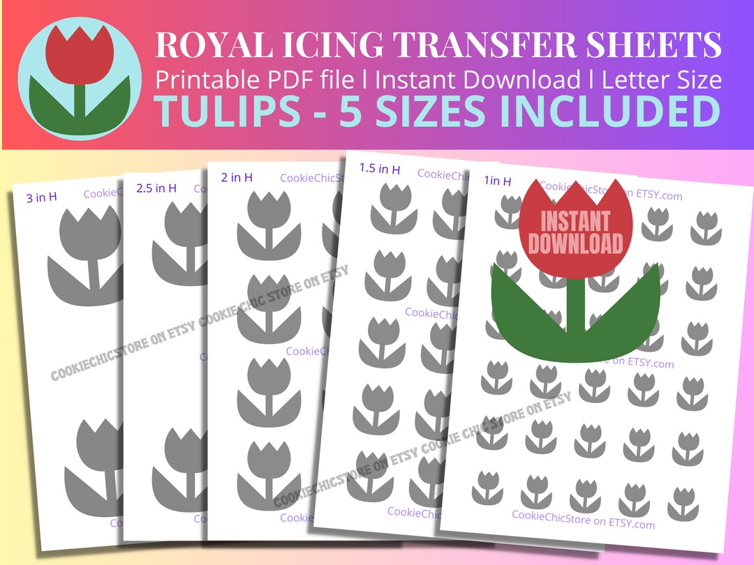 Flower Royal Icing Transfer Sheet, Tulip RI Transfer Template for Sugar ...