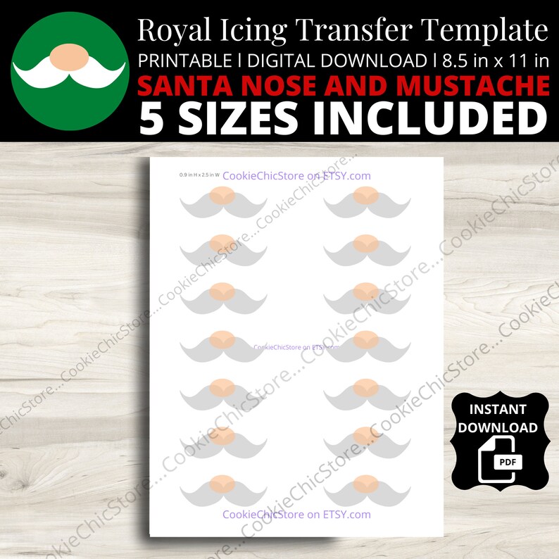 Santa Mustache Royal Icing Transfer Template, Christmas RI Transfer ...