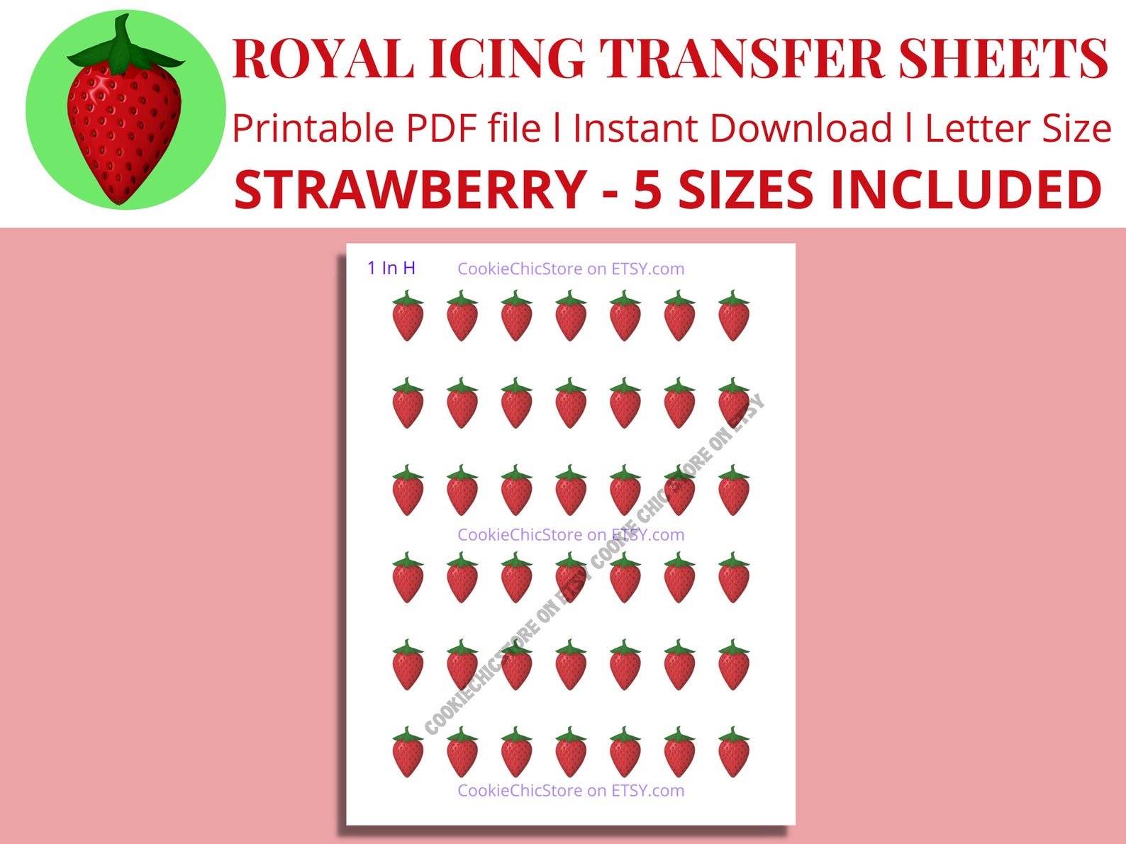 Strawberry Royal Icing Transfer Sheet Template, Strawberries Royal ...