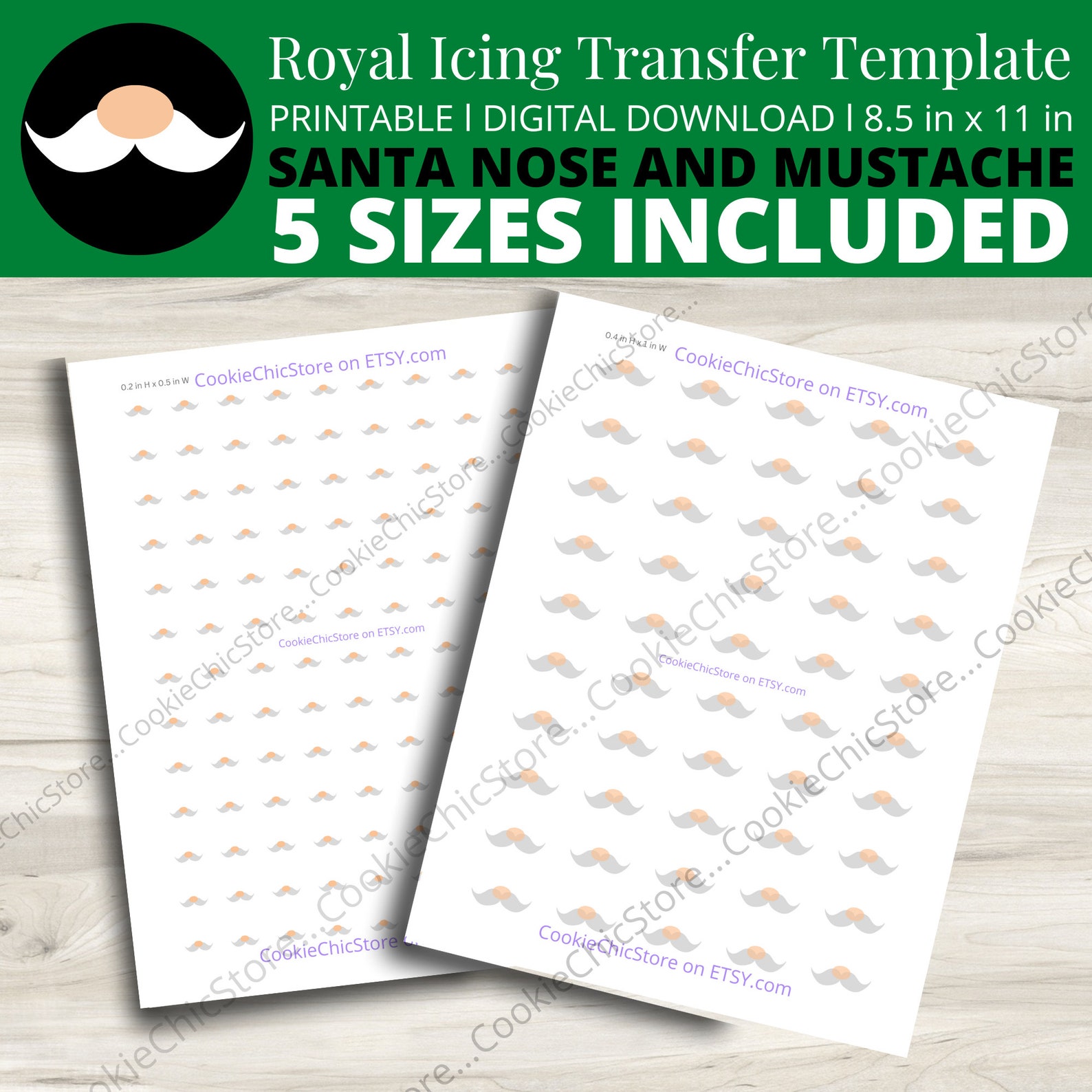 Santa Mustache Royal Icing Transfer Template, Christmas RI Transfer ...