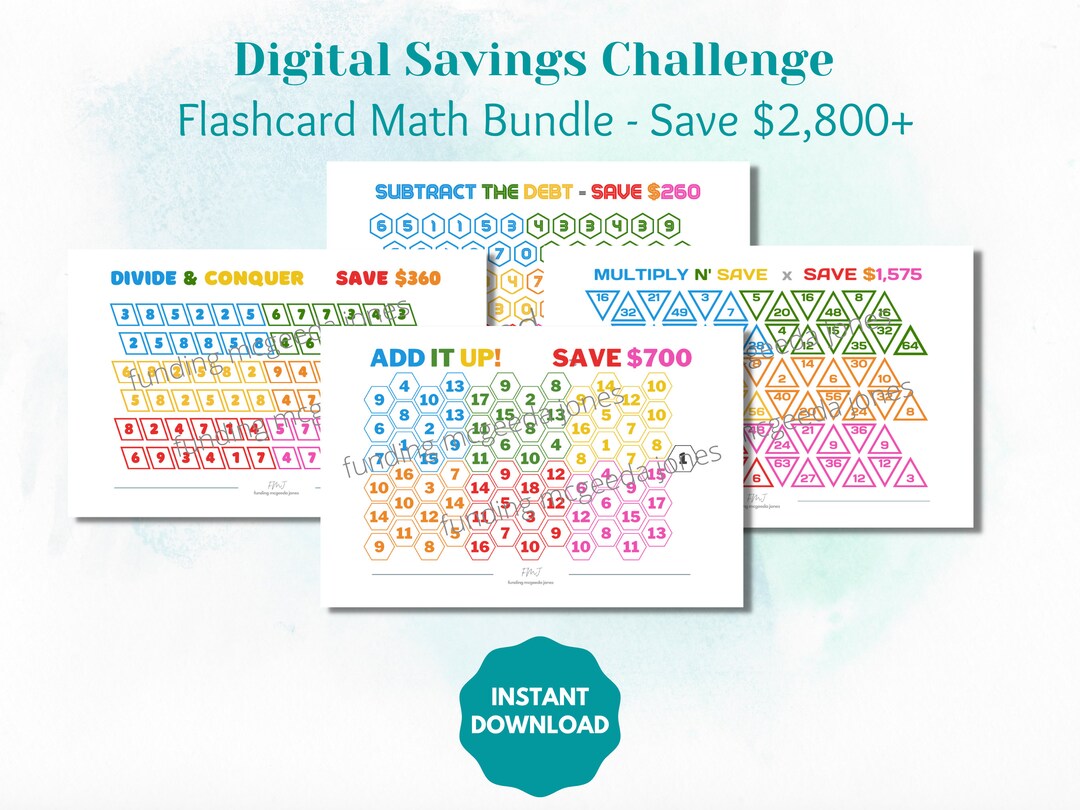 Four Digital Flashcard Savings Challenge Bundle | Printable | Instant ...