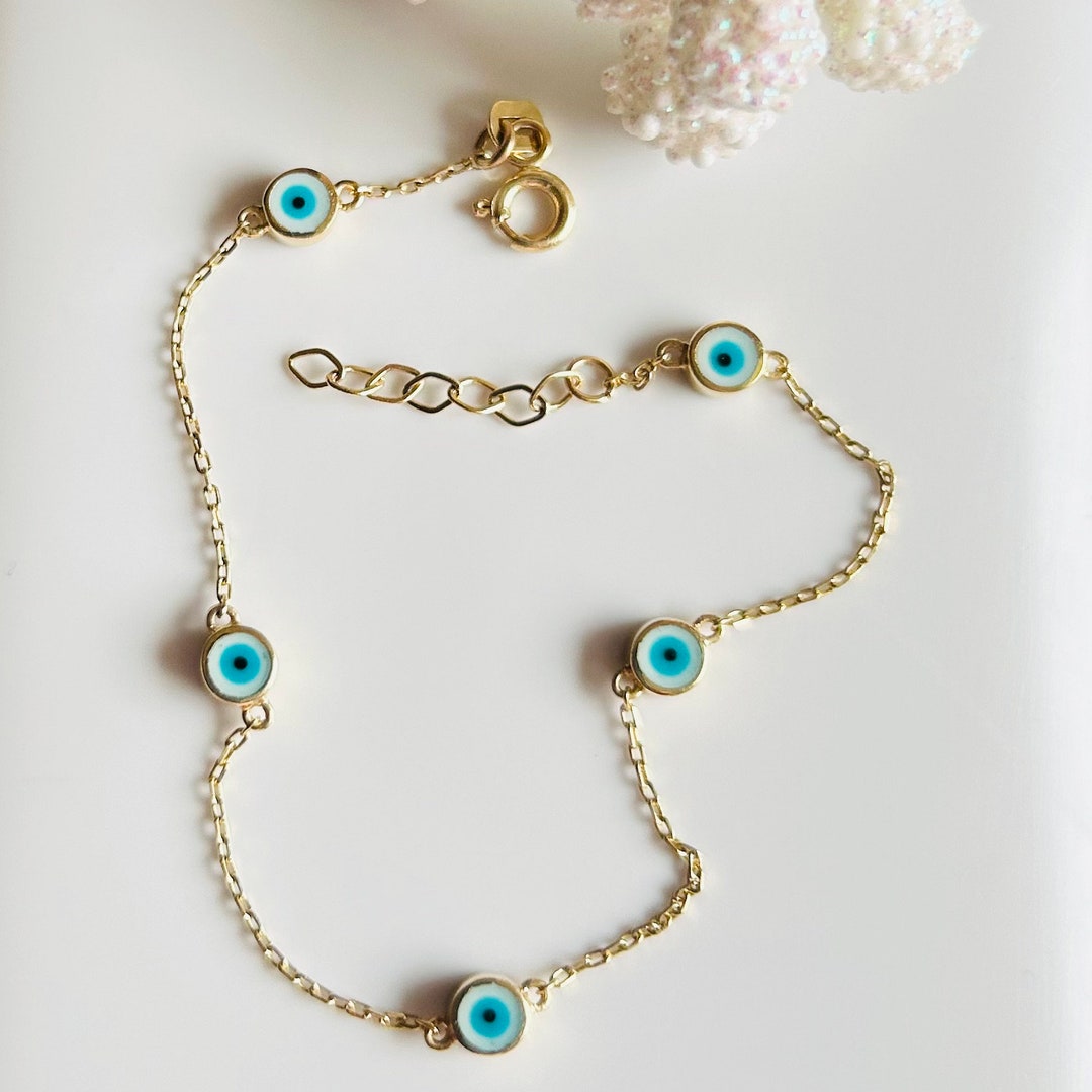 14K Solid Gold Evil Eye Charm Bracelet/evil Eye Gold Bracelet/dainty Gold Bracelet/evil Eye ...
