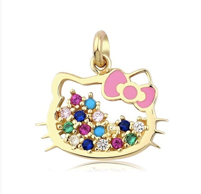 14K Solid Gold Hello Kitty Pendant With Gemstones/toddler Girl Birthday ...