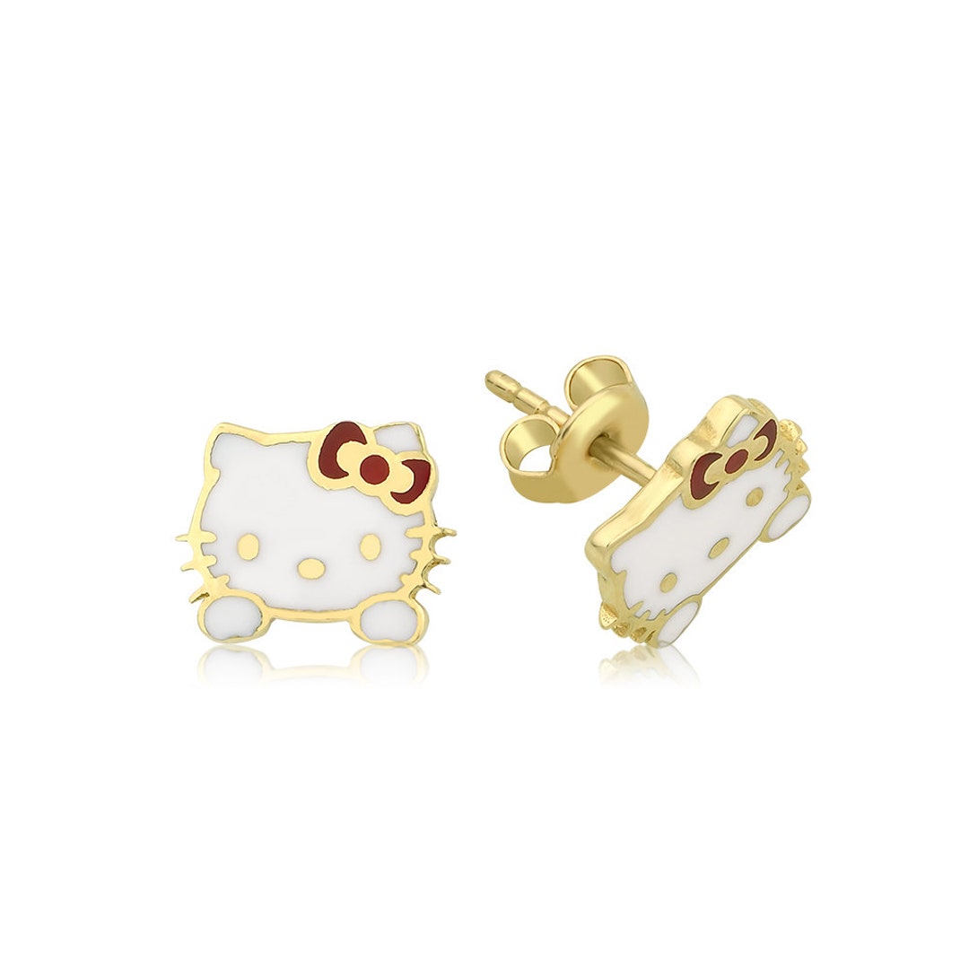 14K Solid Gold Hello Kitty Earrings, Minimalist Children's Jewelry - Etsy