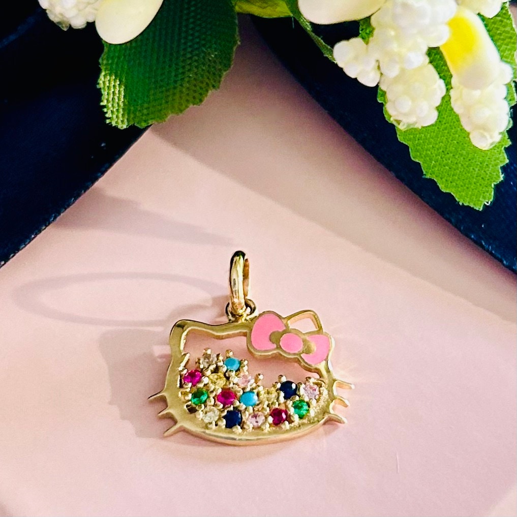 14K Solid Gold Hello Kitty Pendant With Gemstones/toddler Girl Birthday ...