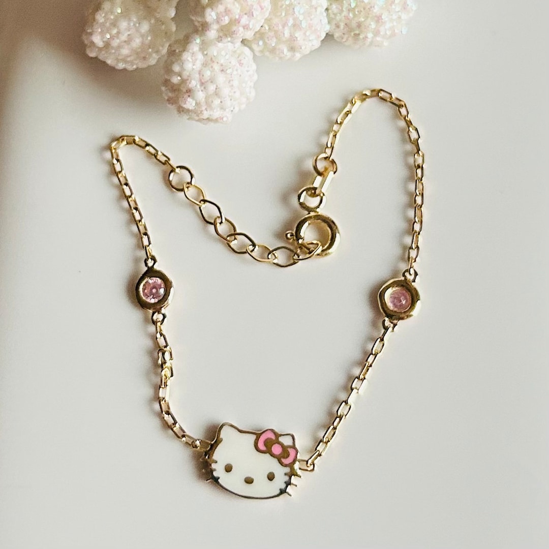 14K Solid Gold Hello Kitty Pink Sapphire Bracelet/hello Kitty Jewellery ...