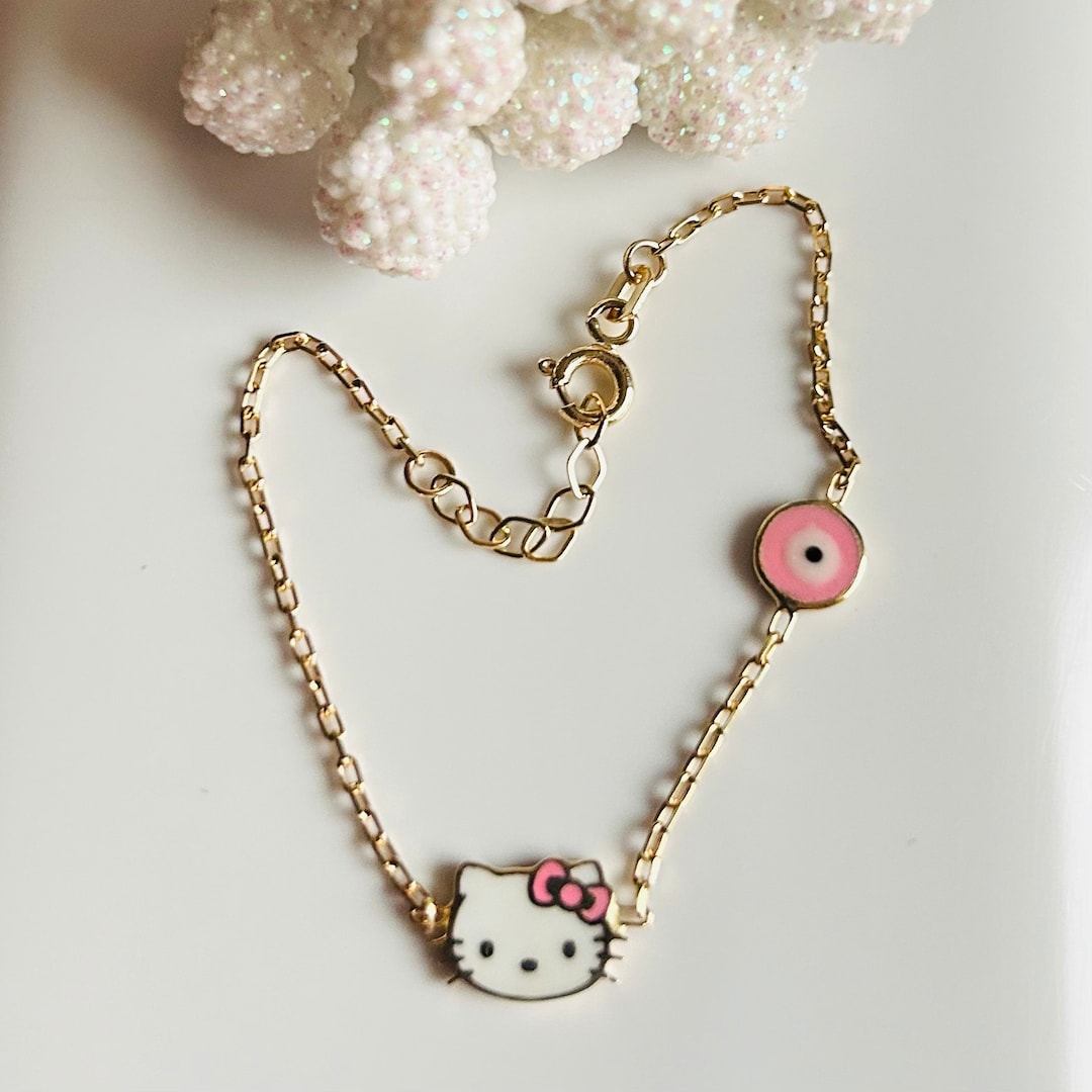 14K Solid Gold Hello Kitty Bracelet/hello Kitty Pink Evil Eye Bracelet ...