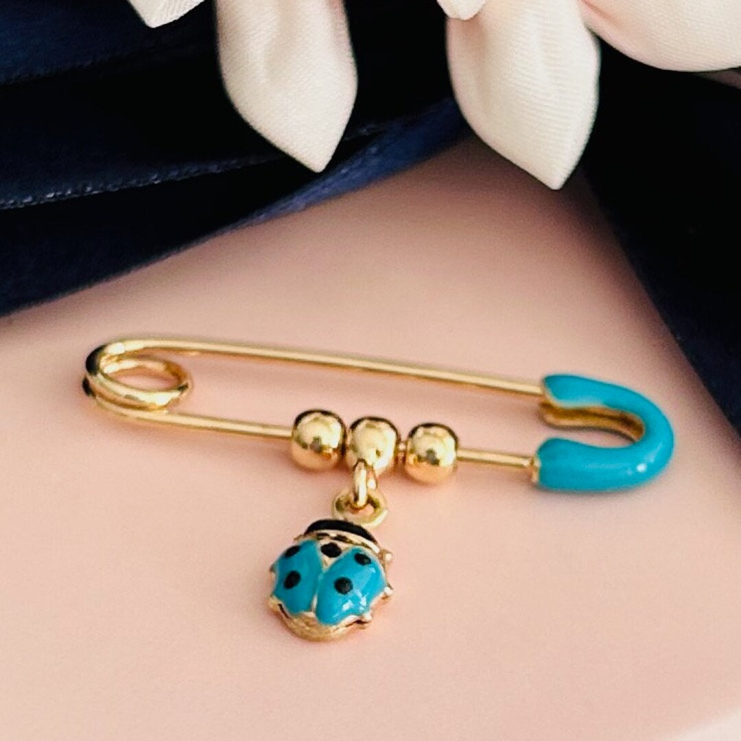14K Solid Gold Blue Ladybug Baby Safety Pin/baby Announcement Pin/baby ...