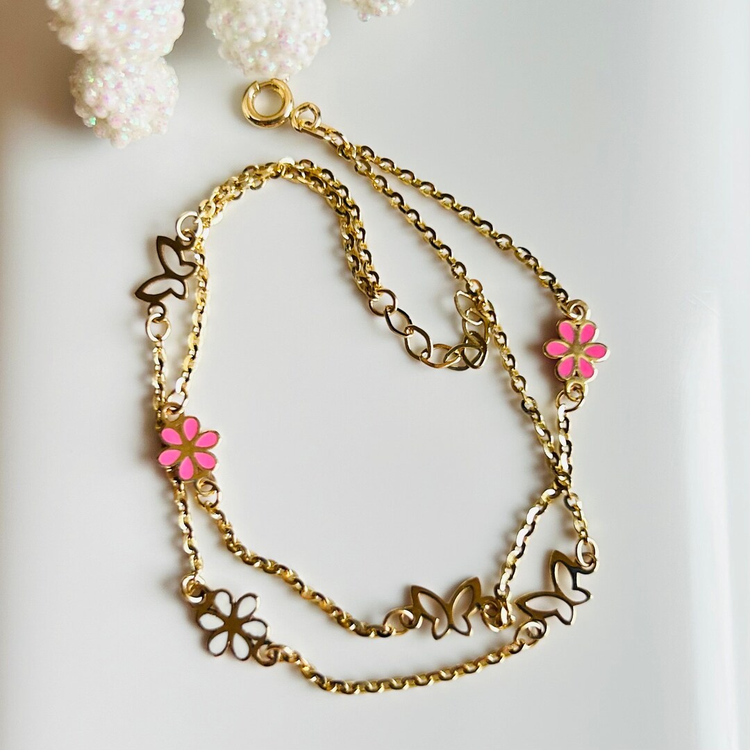 14K Solid Gold Chain Flower Bracelet/summer Jewellery/gold Butterfly ...