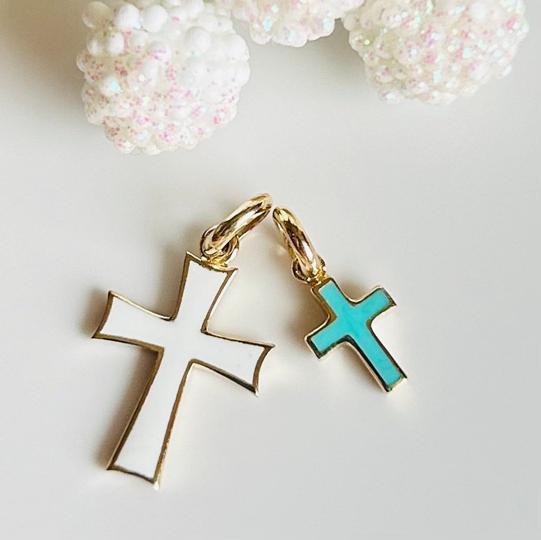 14K Gold White Cross Pendant Necklace & Turquoise Tiny Gold Cross ...
