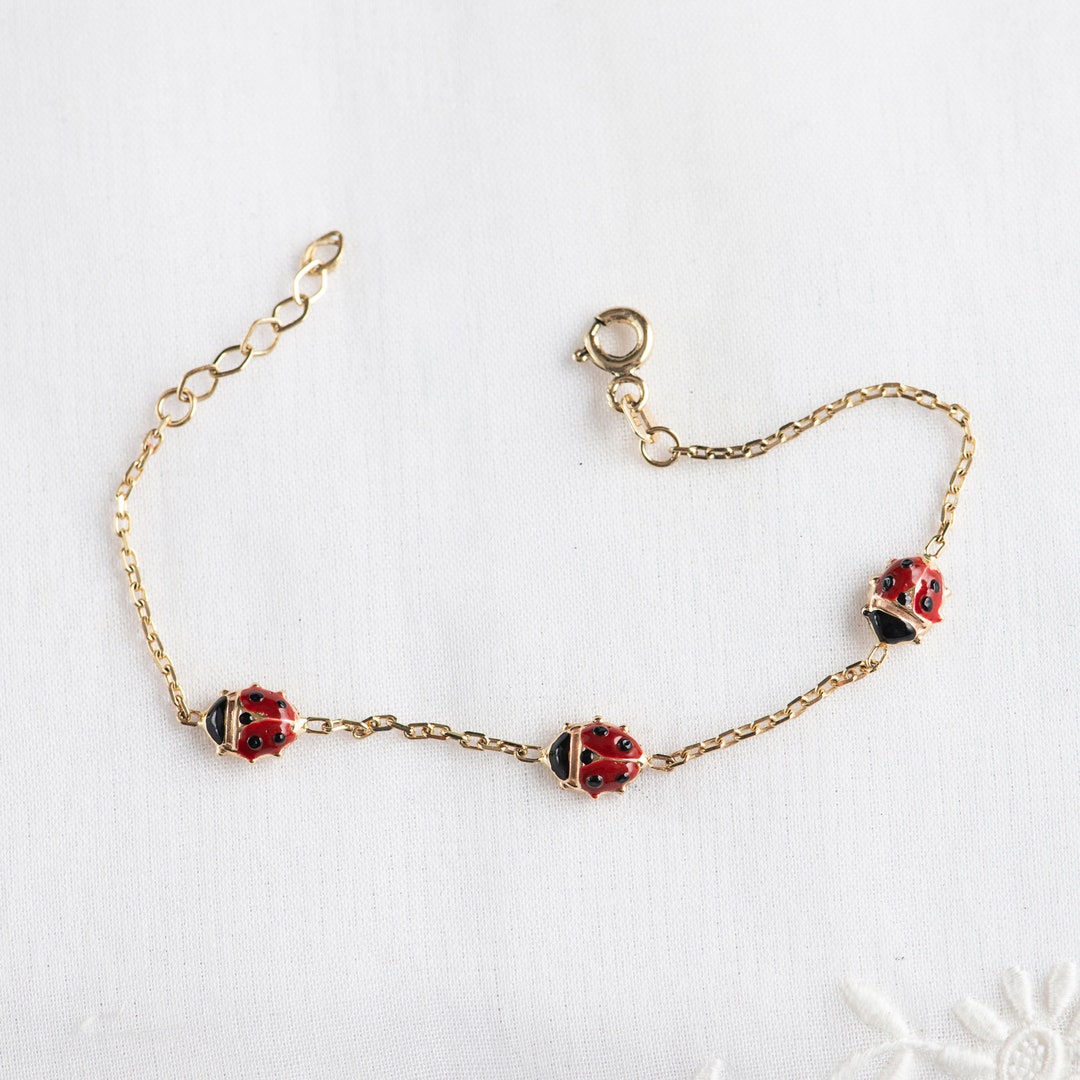 14K Solid Gold Ladybug Bracelet - Adjustable Kids Jewelry - Etsy