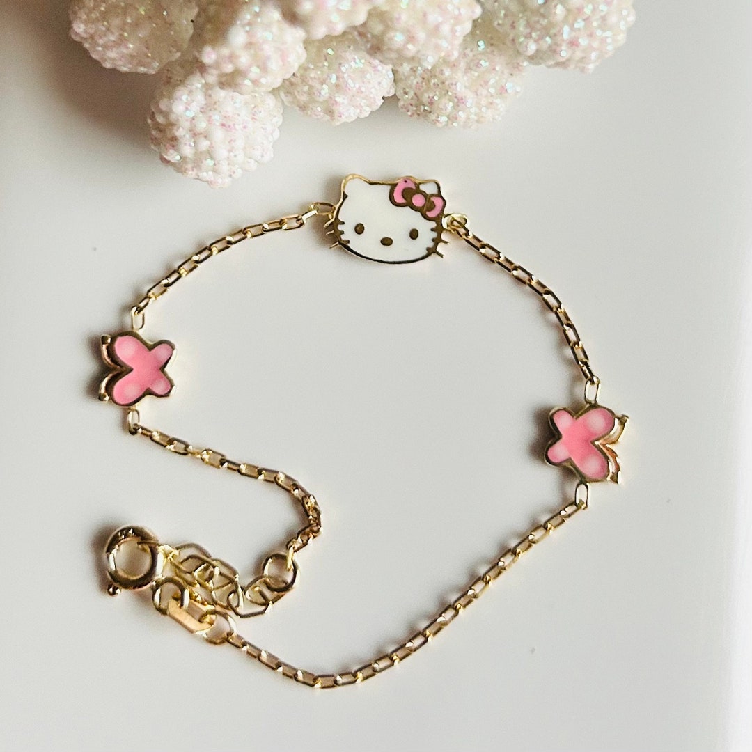 14K Solid Gold Hello Kitty Pink Butterfly Bracelet/hello Kitty ...