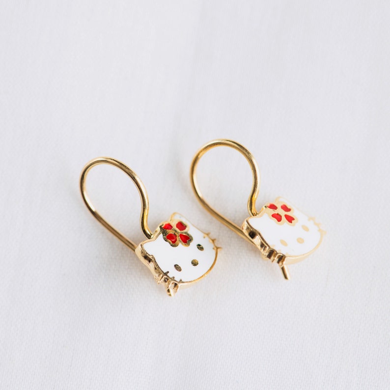 14K Solid Gold Hello Kitty Kids Earrings/hello Kitty Birthday Gift/kids ...