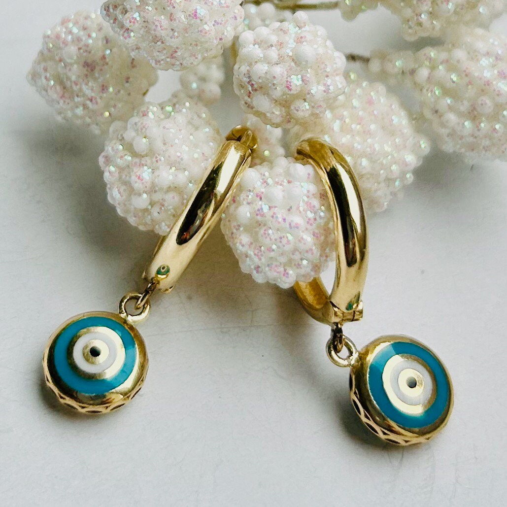 14K Solid Gold Evil Eye Drop Earrings/gold Evil Eye Drop Earrings ...