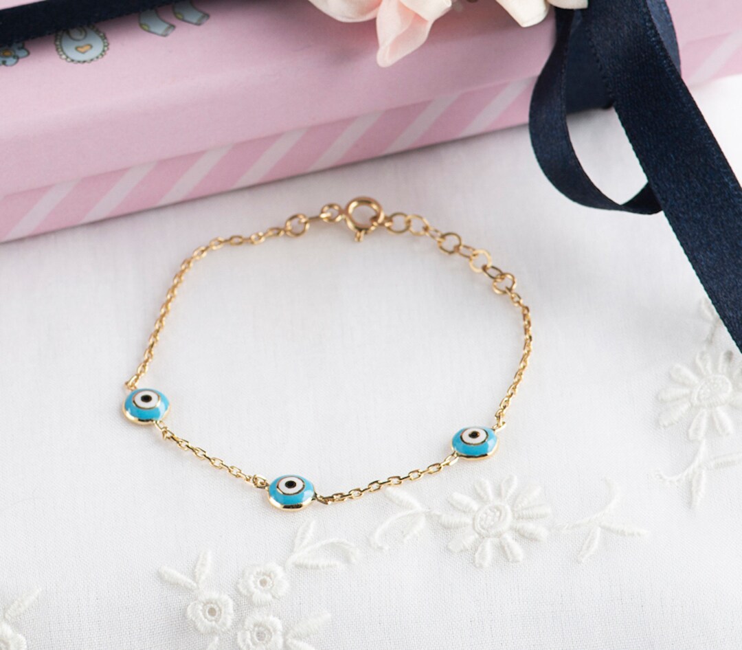 14K Solid Gold Evil Eye Kids Bracelet/protection Gold Charm - Etsy