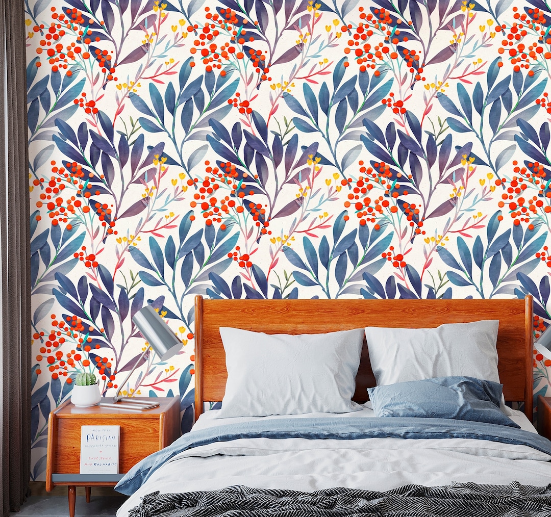 Berry Wallpaper, Blue Leaf Wallpaper Peel and Stick, Watercolor Floral ...