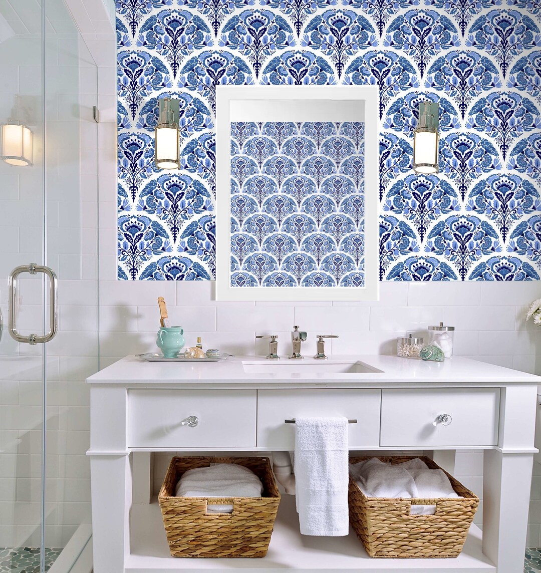 Blue Rococo Damask Peel and Stick Wallpaper: Removable Porcelain Tile ...