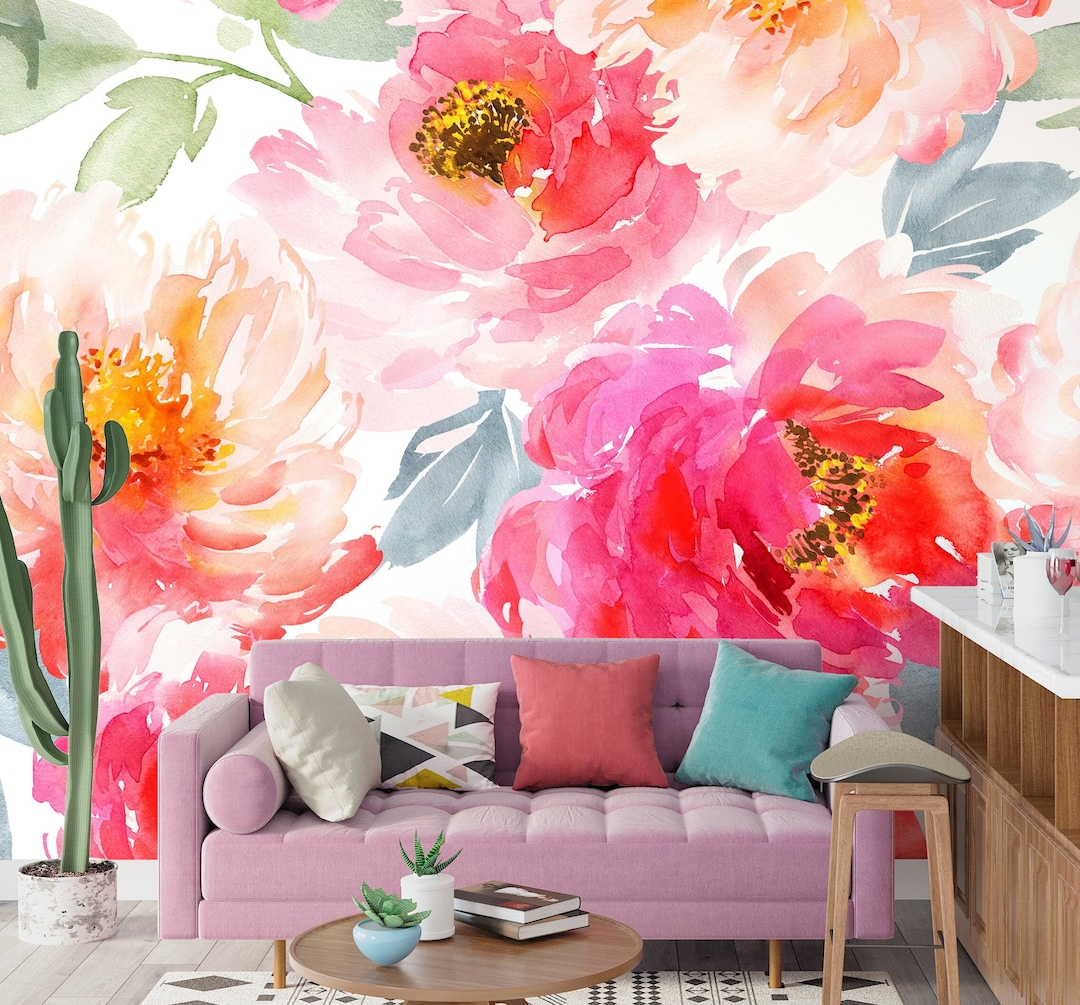 Hot Pink Wallpaper, Big Flower Wallpaper Peel and Stick, Watercolor ...