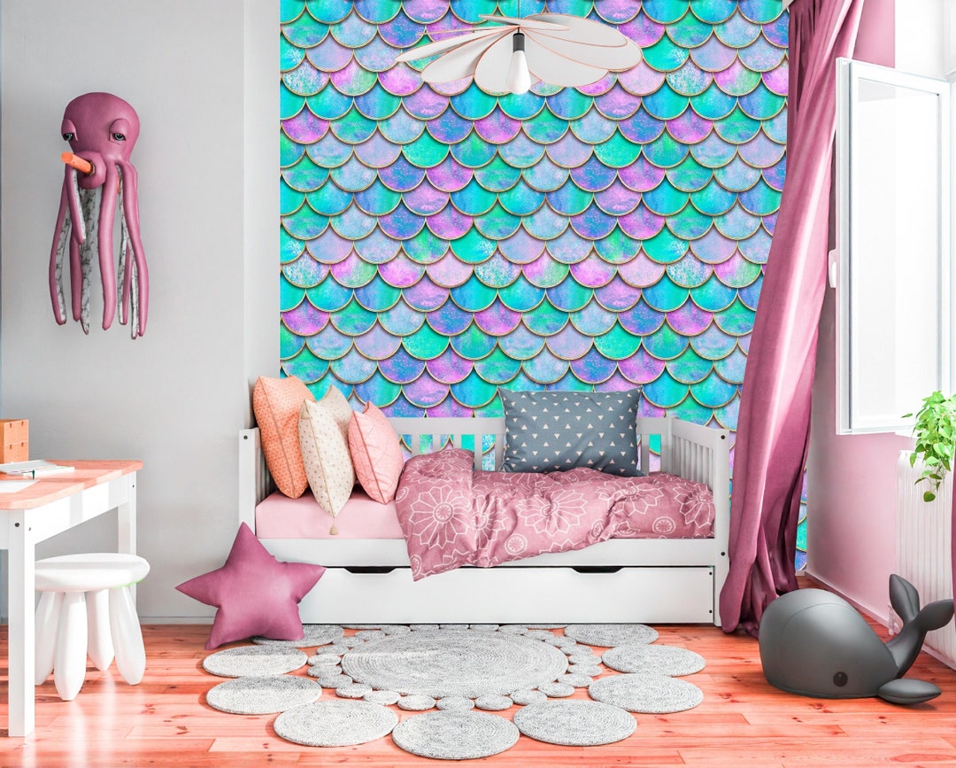 Mermaid Scales Wallpaper Peel and Stick, Girls Room Wallpaper ...