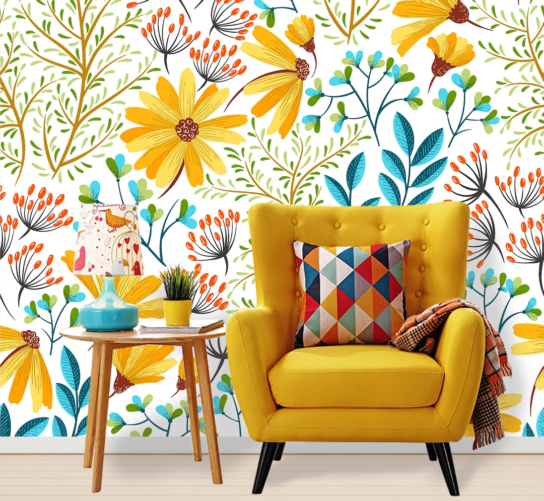 Yellow Floral Wallpaper Peel and Stick, Spring Wallpaper, Wildflower ...